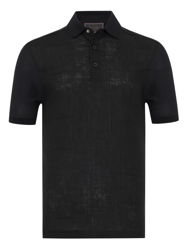 Gallus Black Polo Neck Patterned Regular Fit Cotton Linen T-Shirt ...