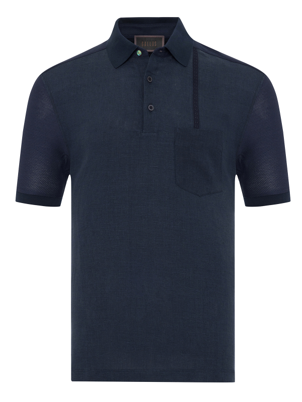 Gallus Navy Blue Polo Collar Patterned Pocket Regular Fit Cotton Linen ...