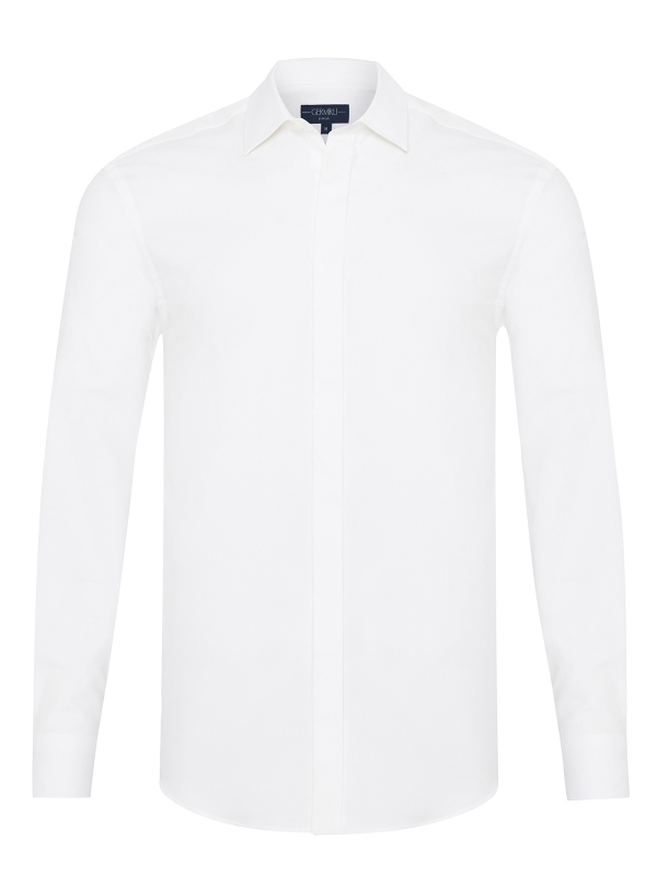 Germirli Beyaz Gizli Pat Soft Yaka Tailor Fit Diyagonal Desen Pamuk ...